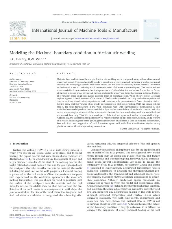 (PDF) Modeling the frictional boundary condition in friction stir welding