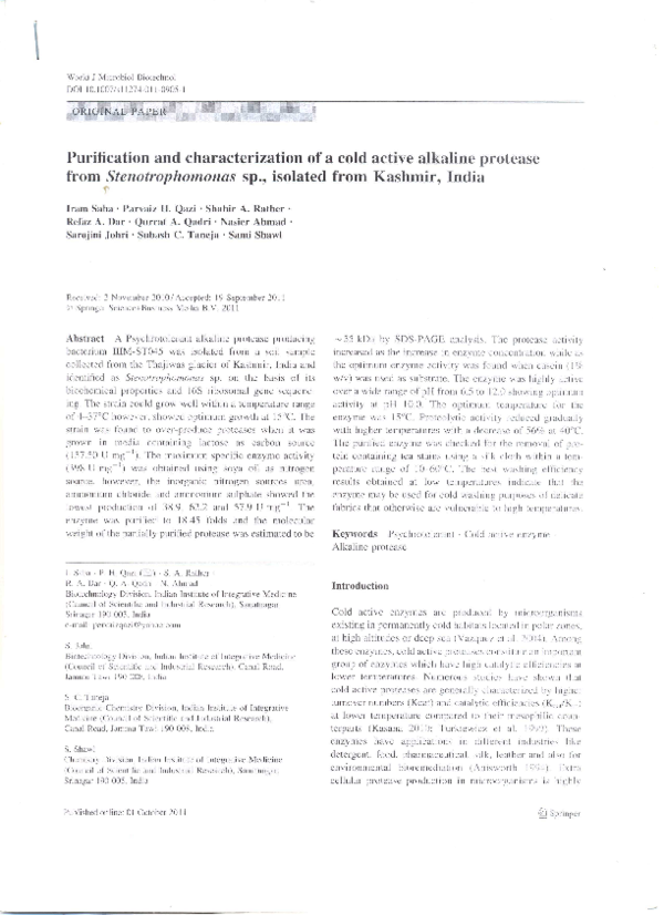 (PDF) Purification and characterization of cold active lipase from ...