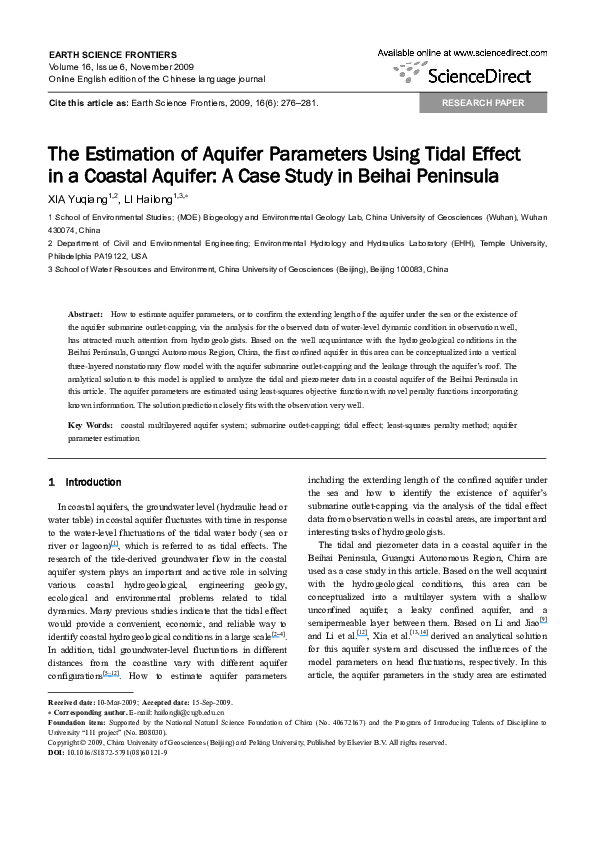 Pdf The Estimation Of Aquifer Parameters Using Tidal Effect In A