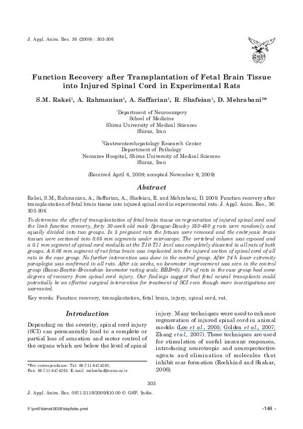 (PDF) Function Recovery after Transplantation of Fetal Brain Tissue ...