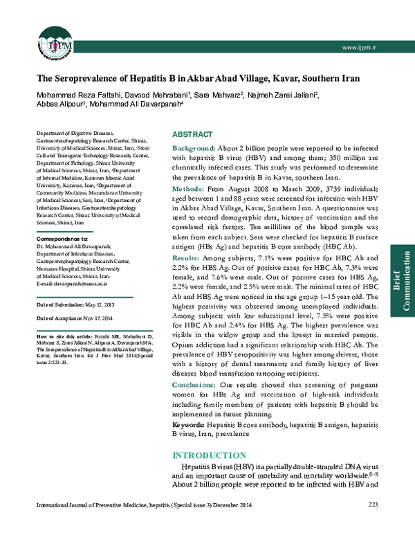 (PDF) The Seroprevalence of Hepatitis B in Akbar Abad Village, Kavar ...