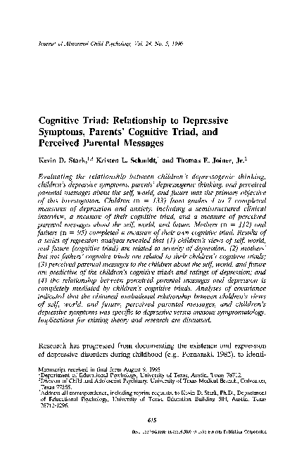 (PDF) Cognitive triad: Relationship to depressive symptoms, parents ...