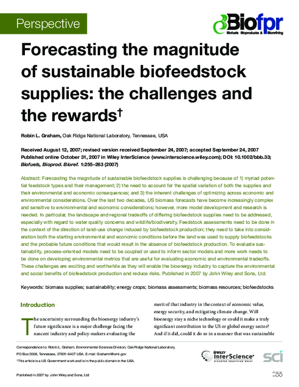 (PDF) Forecasting the magnitude of sustainable biofeedstock supplies ...