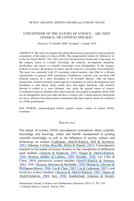 (PDF) CONCEPTIONS OF THE NATURE OF SCIENCE—ARE THEY GENERAL OR CONTEXT ...