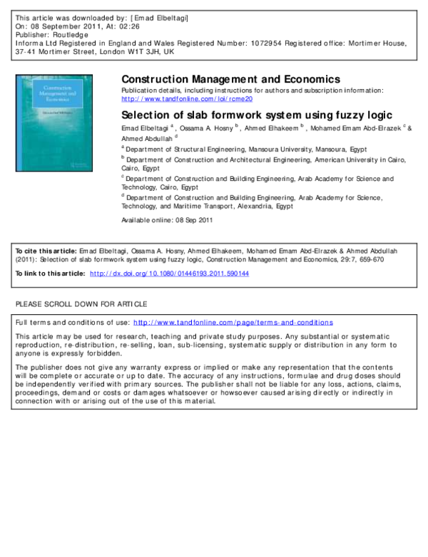 Pdf Selection Of Slab Formwork System Using Fuzzy Logic