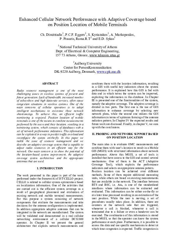 (PDF) Enhanced Cellular Network Performance with Adaptive Coverage based on Position Location of ...