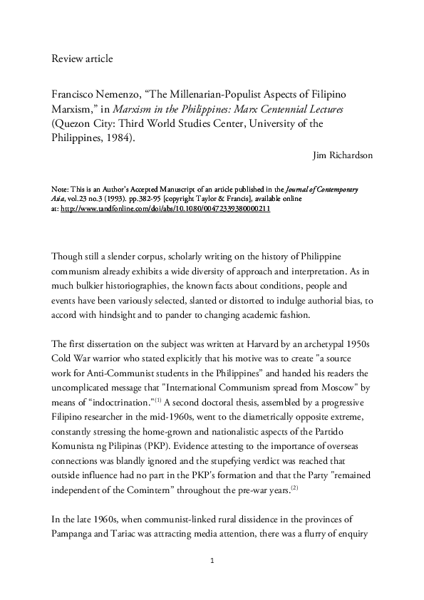 (PDF) Review of Francisco Nemenzo, "The Millenarian-Populist Aspects of ...