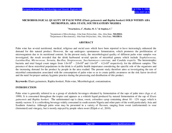 (PDF) MICROBIOLOGICAL QUALITY OF PALM WINE (Elaeis guineensis and ...