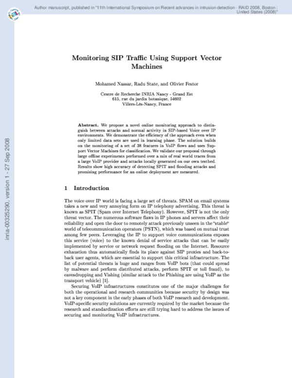 (PDF) Monitoring SIP Traffic Using Support Vector Machines
