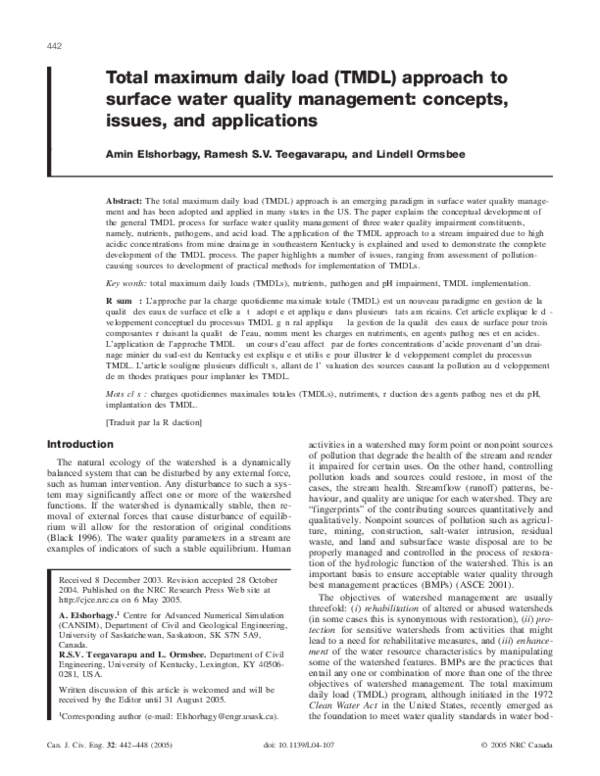 (PDF) Total maximum daily load (TMDL) approach to surface water quality ...