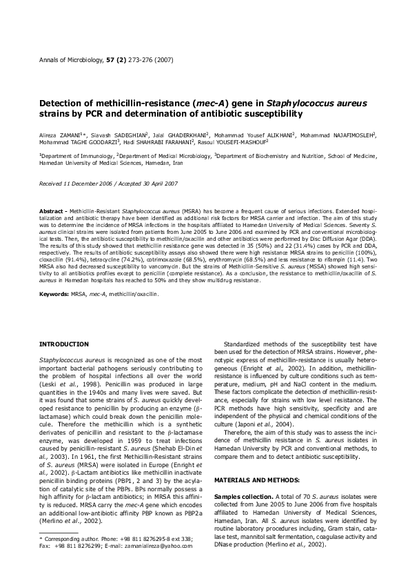 Pdf Detection Of Methicillin Resistance Mec A Gene In Staphylococcus Aureus Strains By Pcr