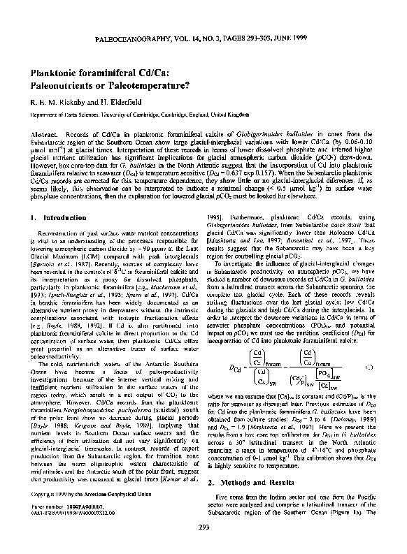 (PDF) Planktonic foraminiferal Cd/Ca: Paleonutrients or ...