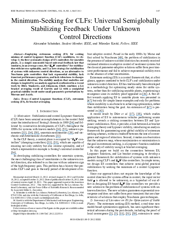 (PDF) Minimum-Seeking for CLFs: Universal Semiglobally Stabilizing ...