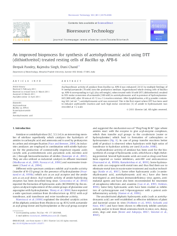 (PDF) An improved bioprocess for synthesis of acetohydroxamic acid ...