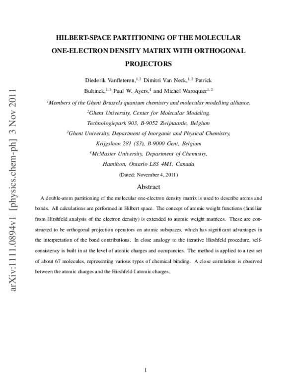 Pdf Communication Hilbert Space Partitioning Of The Molecular One Electron Density Matrix
