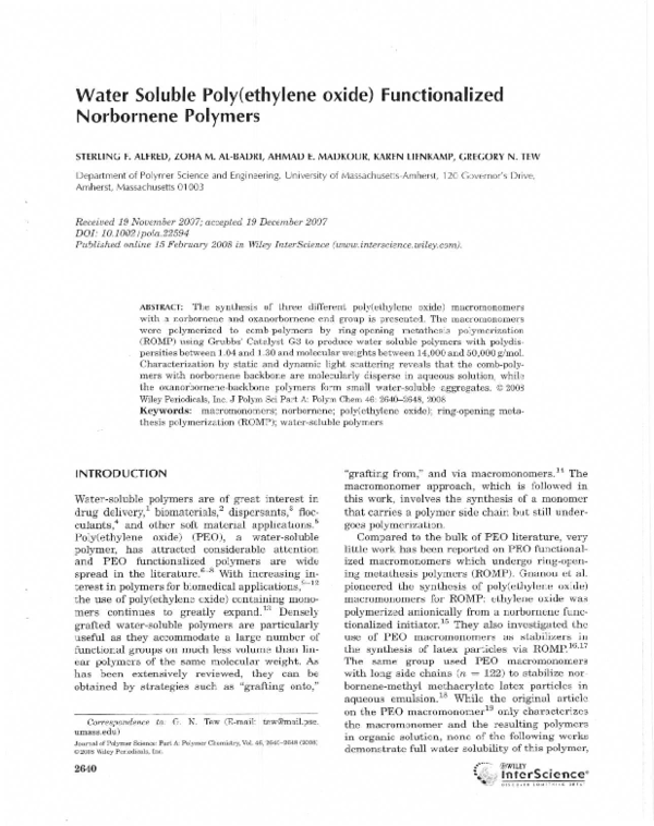 (PDF) Water soluble poly(ethylene oxide) functionalized norbornene polymers