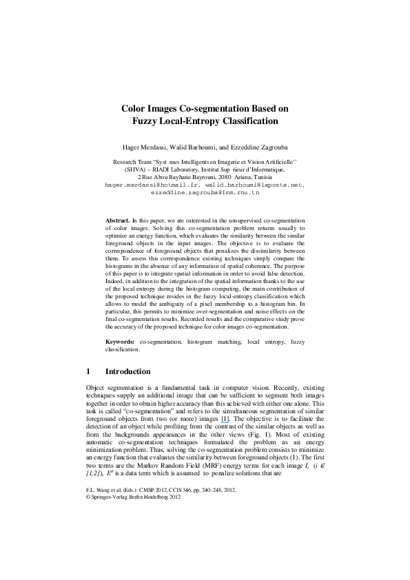 Pdf Color Images Co Segmentation Based On Fuzzy Local Entropy Classification Walid Barhoumi