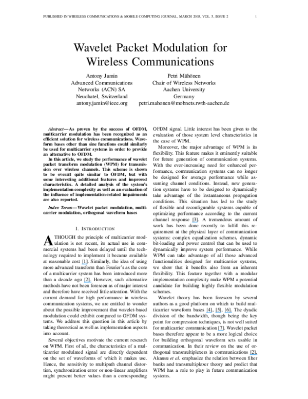 Pdf Wavelet Packet Modulation For Wireless Communications