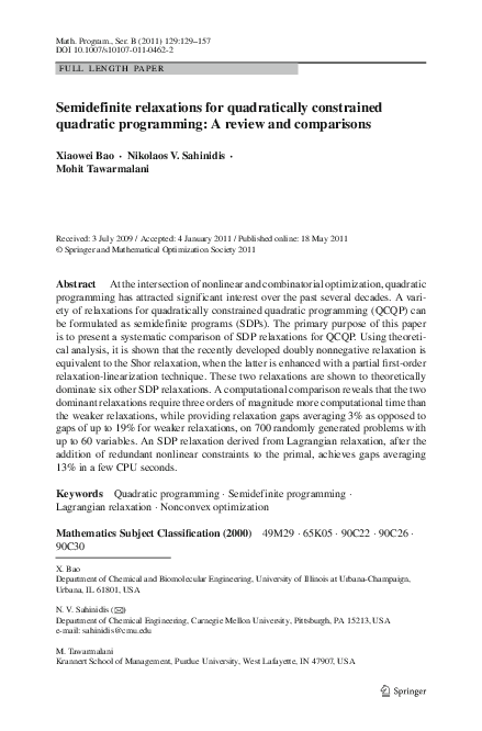 Pdf Semidefinite Relaxations For Quadratically Constrained Quadratic Programming A Review And 