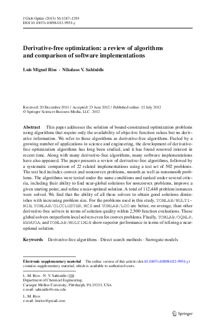Pdf Derivative Free Optimization A Review Of Algorithms And Comparison Of Software