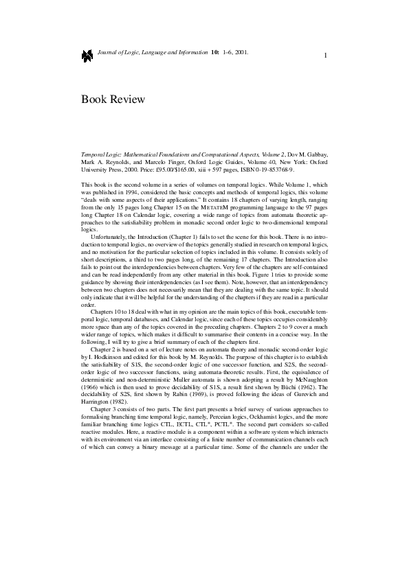 Pdf Temporal Logic Mathematical Foundations And Computational Aspects