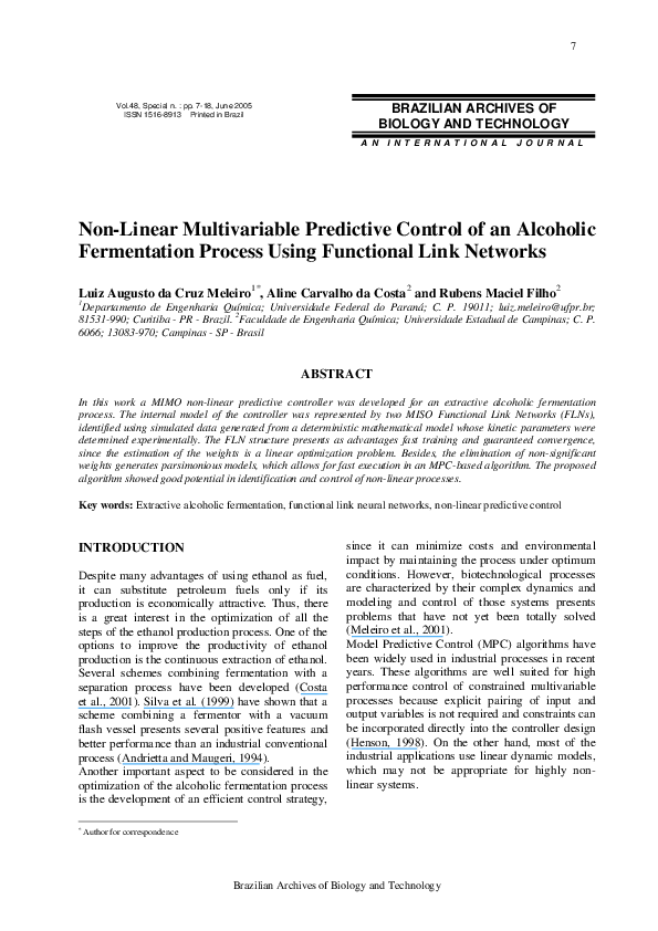 (PDF) Non-linear multivariable predictive control of an alcoholic fermentation process using ...