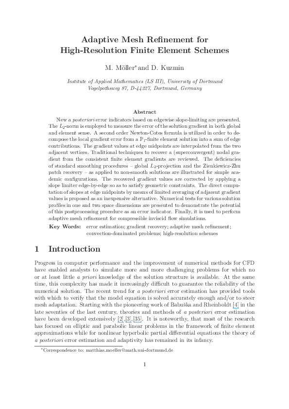 Pdf Adaptive Mesh Refinement For High Resolution Finite Element Schemes