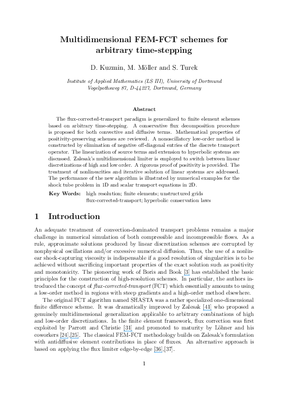 Pdf Multidimensional Fem Fct Schemes For Arbitrary Time Stepping Matthias Moller