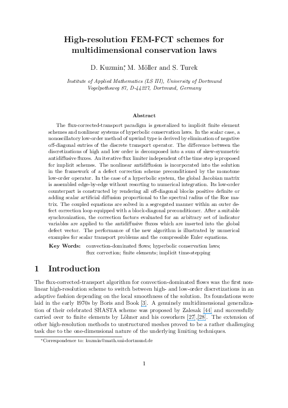 (PDF) High-resolution FEM–FCT schemes for multidimensional conservation laws