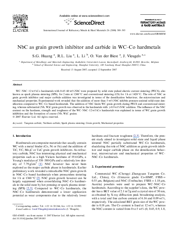 (PDF) NbC as grain growth inhibitor and carbide in WC–Co hardmetals