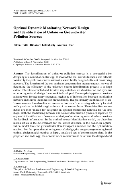 Pdf Optimal Dynamic Monitoring Network Design And Identification Of
