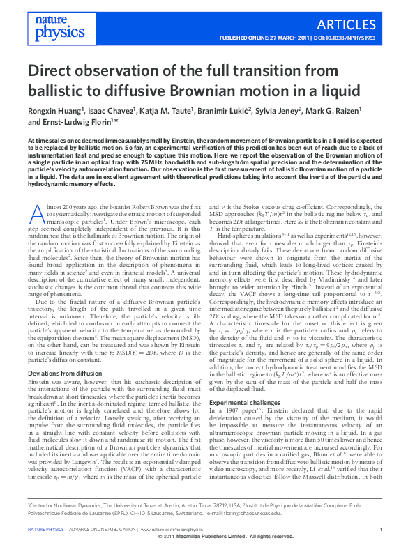 (PDF) Direct observation of the full transition from ballistic to diffusive Brownian motion in a ...