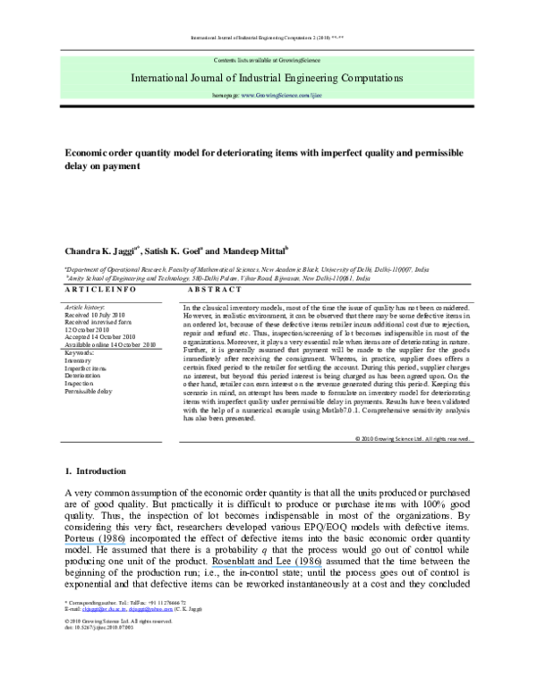 Pdf Economic Order Quantity Model For Deteriorating Items With Planned Backorder Level