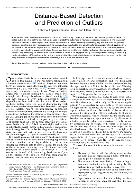 Pdf Distance Based Detection And Prediction Of Outliers