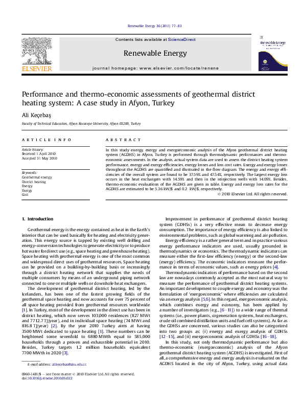 (PDF) Performance and thermo-economic assessments of geothermal district heating system: A case ...