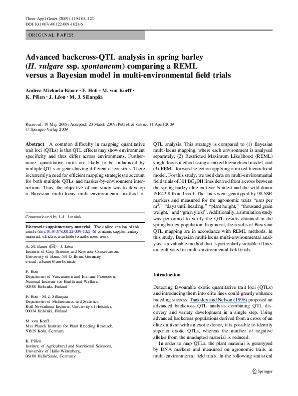 (PDF) Advanced backcross-QTL analysis in spring barley ( H. vulgare ssp ...