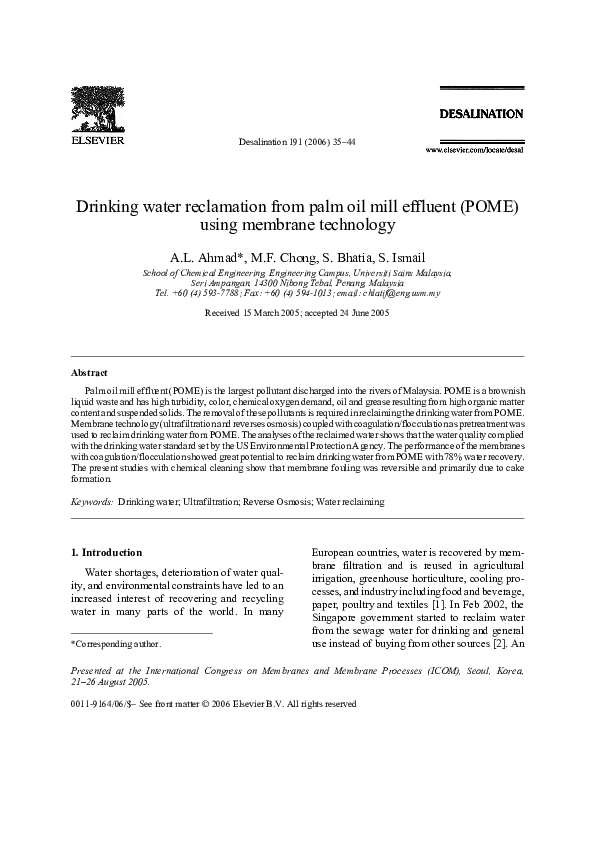 (PDF) Drinking water reclamation from palm oil mill effluent (POME ...