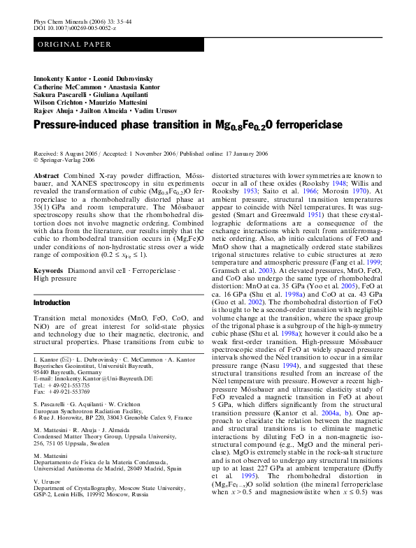 (PDF) Pressure-induced phase transition in Mg 0.8 Fe 0.2 O ferropericlase