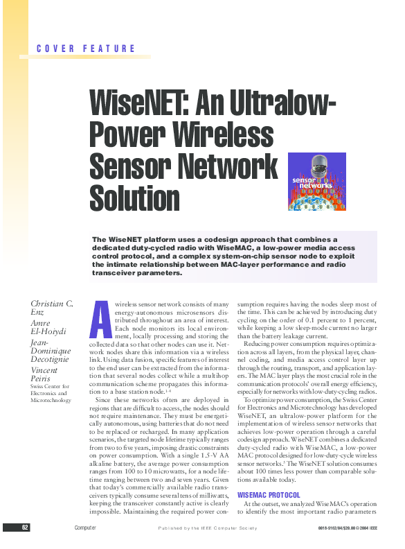 (PDF) WiseNET: An Ultralow- Power Wireless Sensor Network Solution