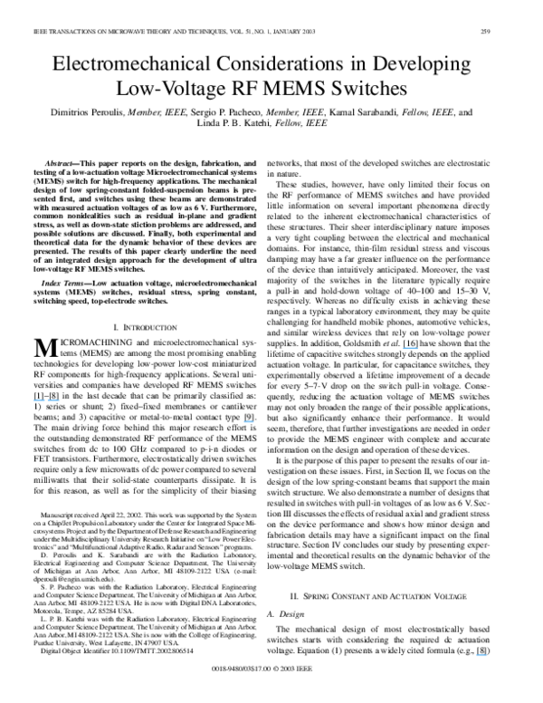 (PDF) Electromechanical considerations in developing low-voltage RF MEMS switches