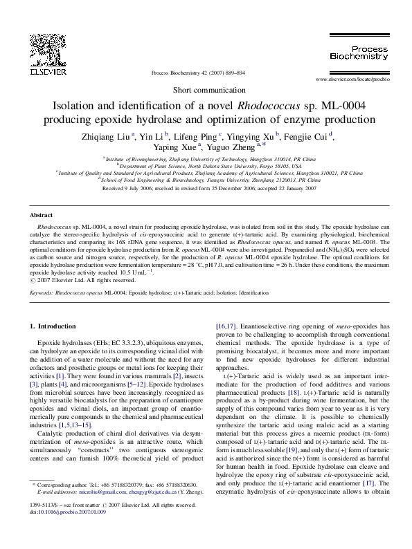 (PDF) Isolation and identification of a novel Rhodococcus sp. ML0004 producing epoxide hydrolase ...
