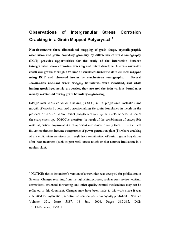 Pdf Observations Of Intergranular Stress Corrosion Cracking In A Grain Mapped Polycrystal