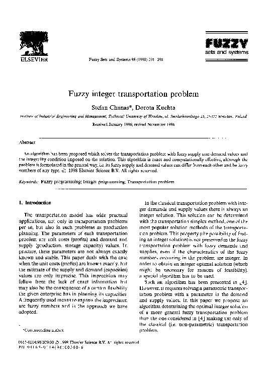 (PDF) Fuzzy integer transportation problem