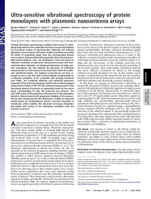 (PDF) Ultrasensitive vibrational spectroscopy of protein monolayers with plasmonic nanoantenna ...