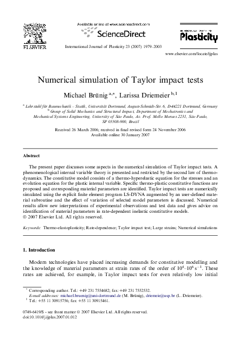 (PDF) Numerical simulation of Taylor impact tests