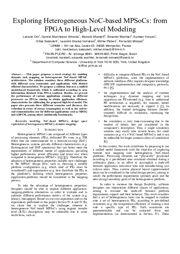 (PDF) Exploring heterogeneous NoC-based MPSoCs: From FPGA to high-level modeling