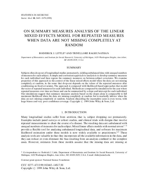 (PDF) On summary measures analysis of the linear mixed effects model ...