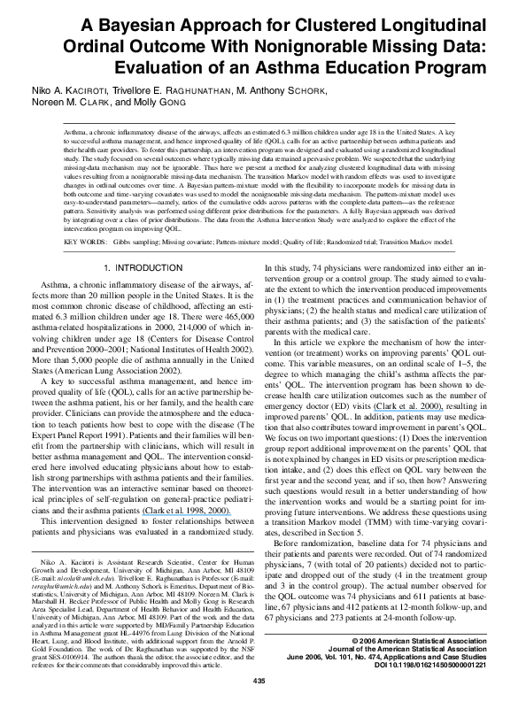(PDF) A Bayesian Approach for Clustered Longitudinal Ordinal Outcome With Nonignorable Missing Data