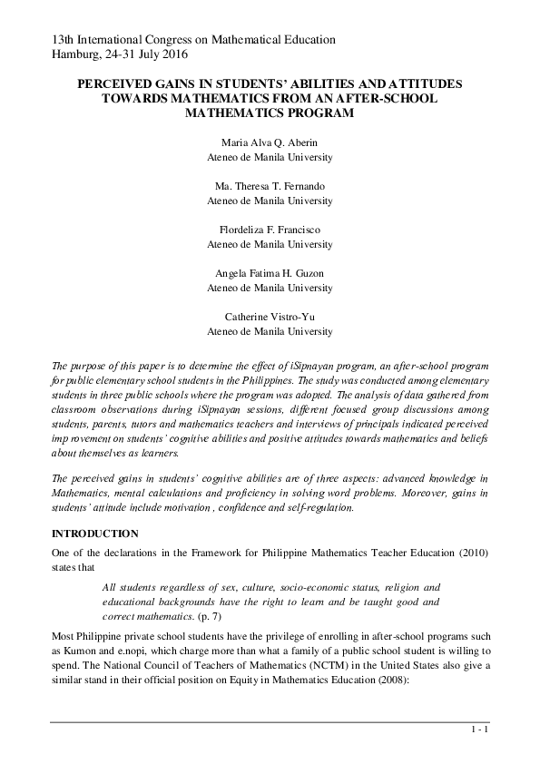 (PDF) PERCEIVED GAINS IN STUDENTS' ABILITIES AND ATTITUDES TOWARDS MATHEMATICS FROM AN AFTER ...