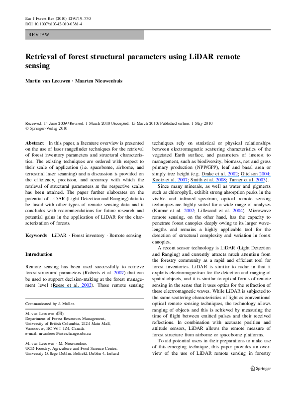 (PDF) Retrieval of forest structural parameters using a ground-based lidar instrument (Echidna